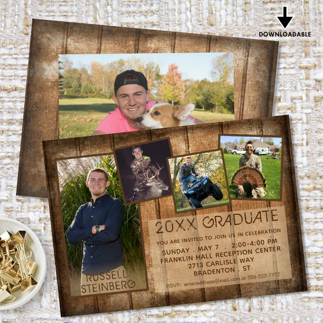 Graduation Rustic Country Wood 5 Photo Collage Invitation | Zazzle