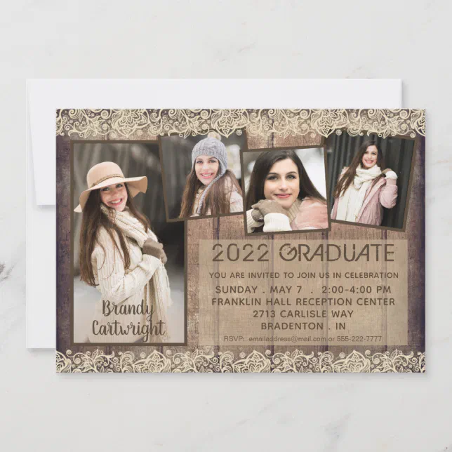 Graduation Rustic Country Wood Lace 5 Photo Invitation | Zazzle