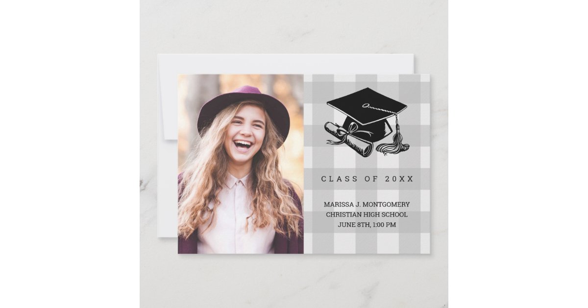 Graduation Rustic Gray Plaid Photo Grad Cap 2025 Announcement | Zazzle