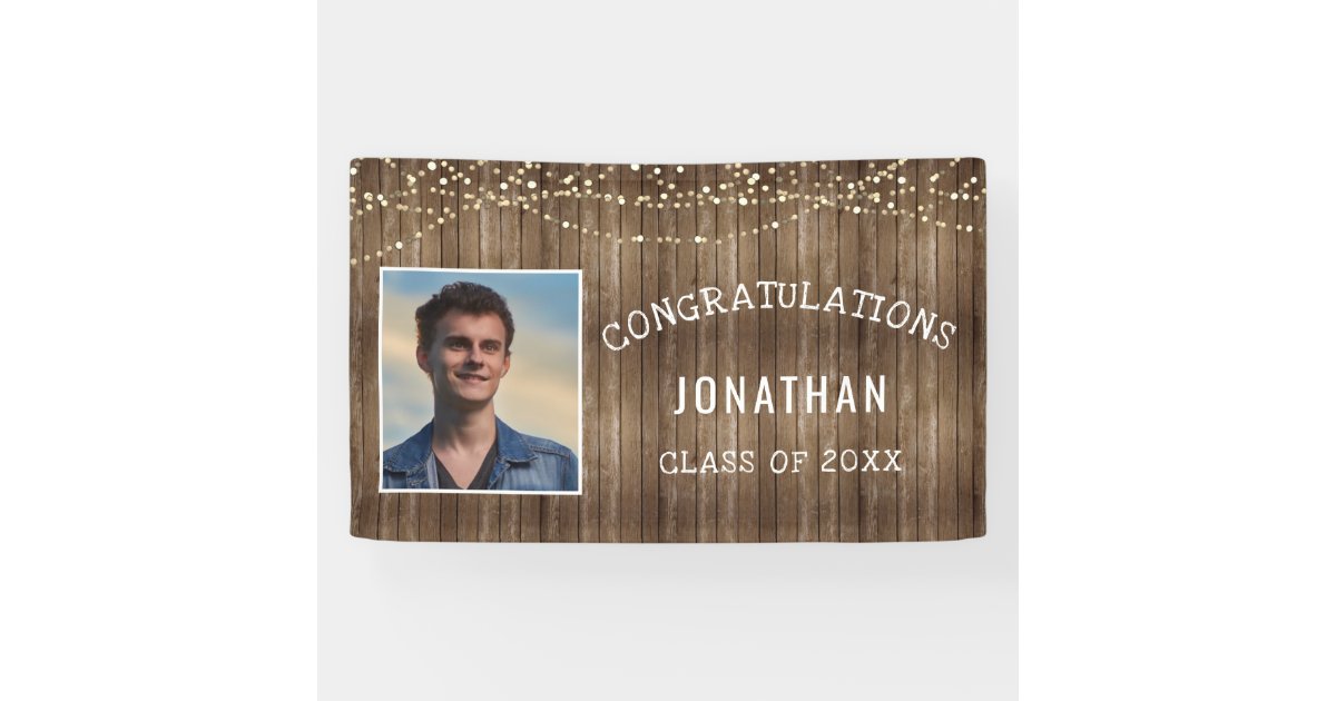 Graduation Rustic Wood String Lights Personalized Banner | Zazzle