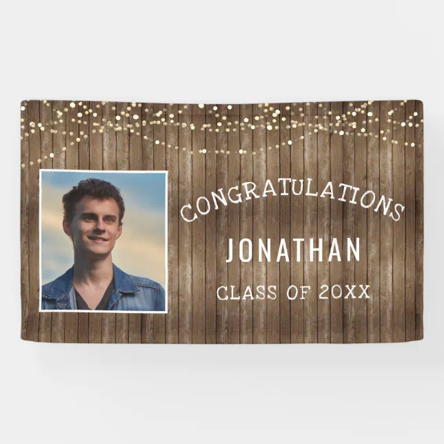 Graduation Rustic Wood String Lights Personalized Banner | Zazzle