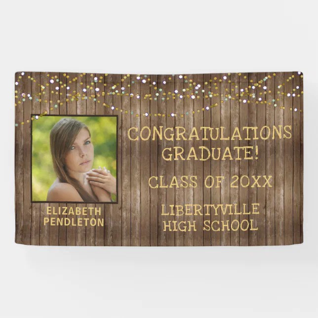 Graduation Rustic Wood String Lights Photo Banner | Zazzle