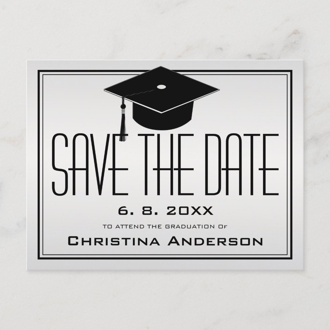 Graduation Save the Date Grad Cap Silver Graduate Announcement Postcard ...