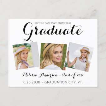 Graduation Save The Date Modern Graduate 3 Photo Invitation Postcard ...