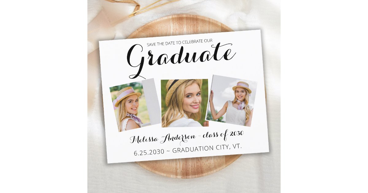 Graduation Save The Date Modern Graduate 3 Photo Invitation Postcard ...