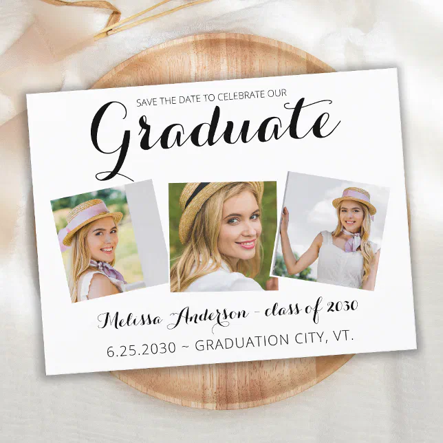 Graduation Save The Date Modern Graduate 3 Photo Invitation Postcard ...
