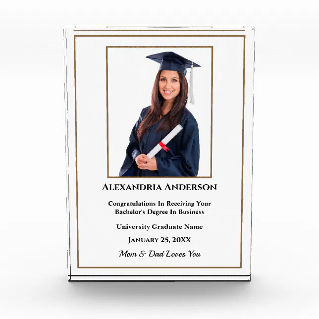 Graduation School Gold White Modern Personalize Photo Block | Zazzle