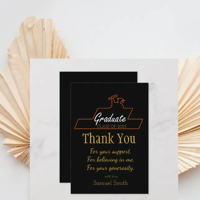 Graduation Script Handwriting Black & Gold Scroll Thank You Card | Zazzle