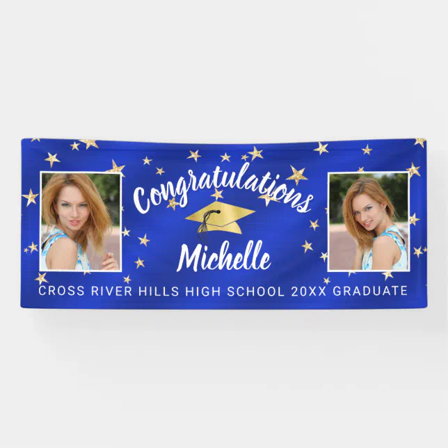 Graduation Script Photo Royal Blue Gold Stars Banner | Zazzle