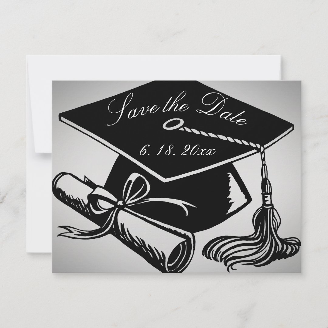 Graduation Silver Black Cap Diploma Save the Date Announcement | Zazzle