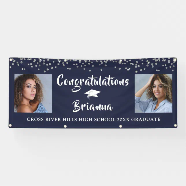 Graduation Silver Confetti Script Photo Navy Blue Banner | Zazzle
