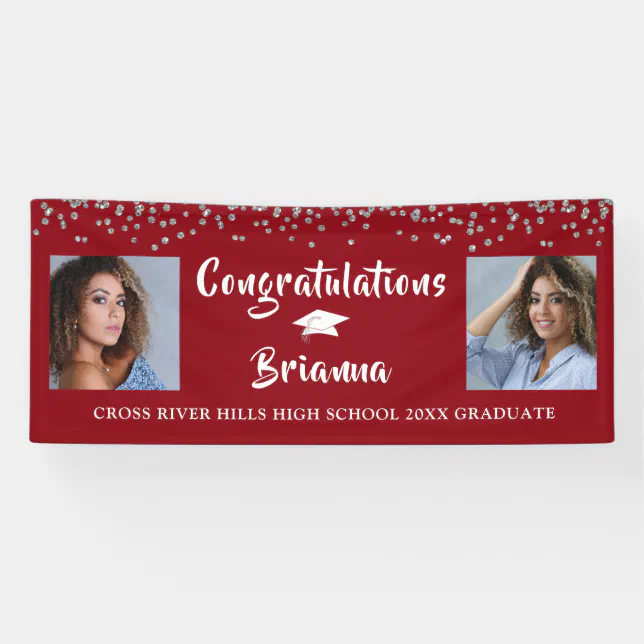 Graduation Silver Confetti Script Photo Red Banner | Zazzle