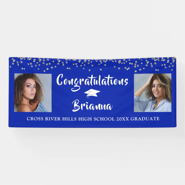 Graduation Silver Confetti Script Photo Royal Blue Banner | Zazzle