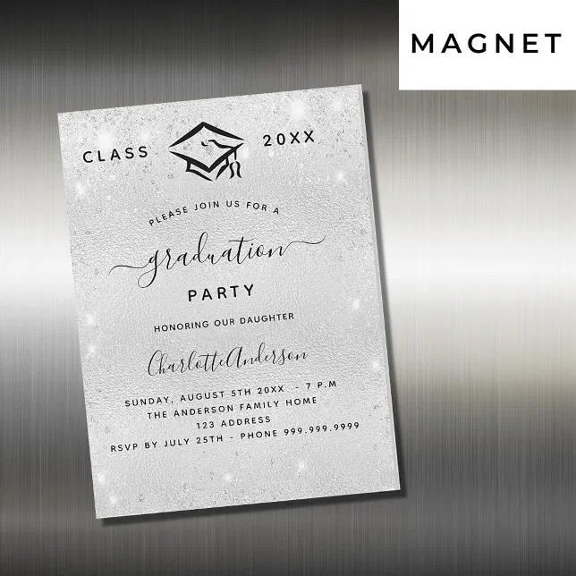 Graduation silver glitter modern luxury magnetic invitation | Zazzle