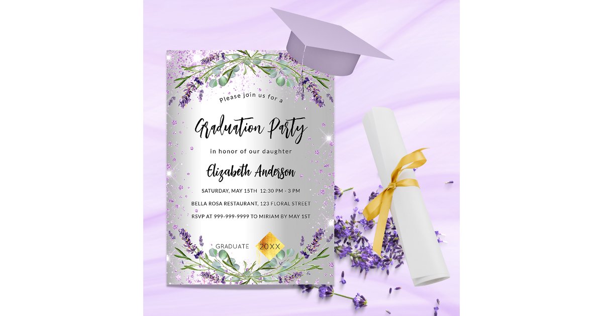 Graduation silver lavender eucalyptus floral invitation | Zazzle