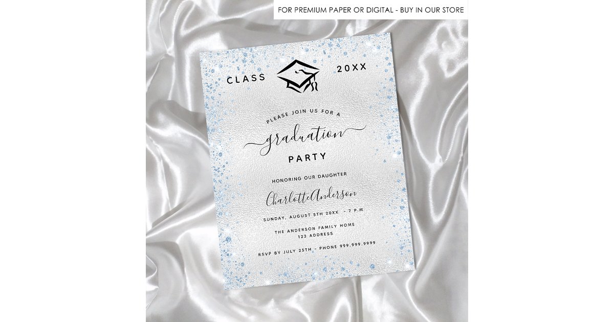 Graduation silver light blue budget invitation | Zazzle