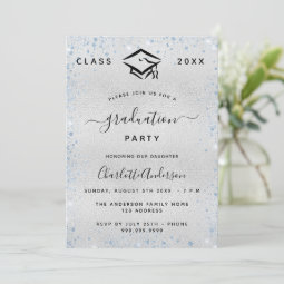 Graduation silver light blue glitter luxury invitation | Zazzle