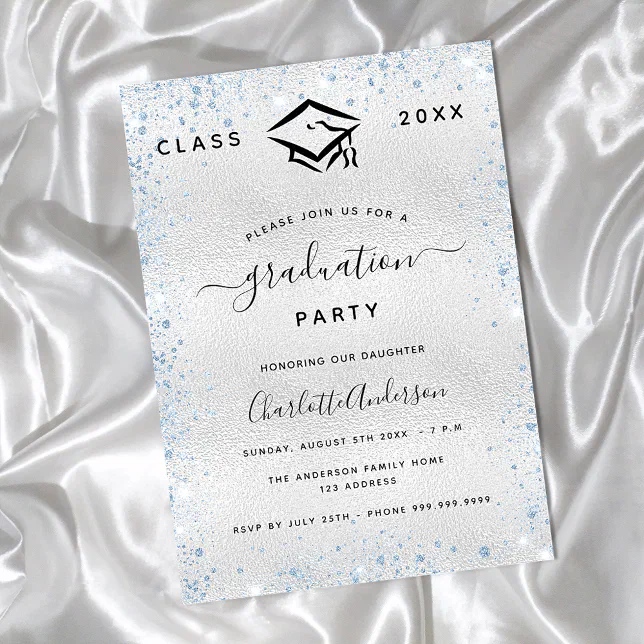 Graduation silver light blue glitter luxury invitation | Zazzle