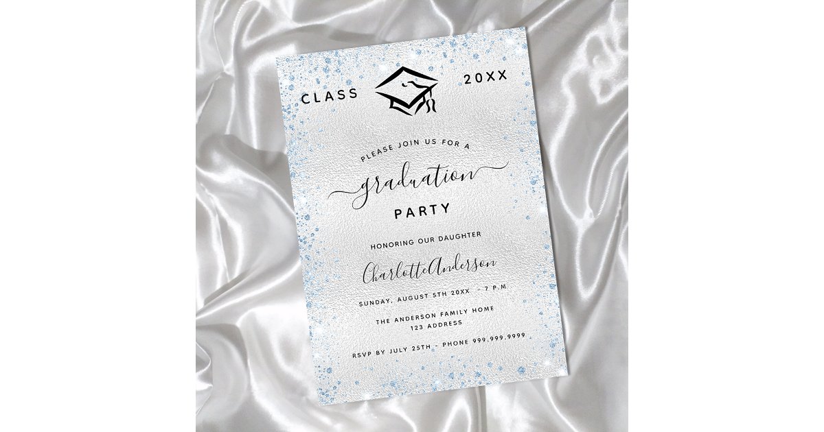 Graduation silver light blue glitter luxury invitation | Zazzle
