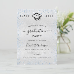 Graduation silver light blue glitter sparkles invitation | Zazzle