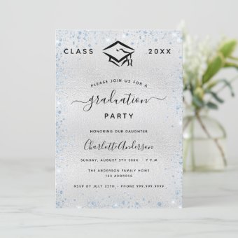 Graduation silver light blue glitter sparkles invitation | Zazzle