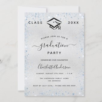 Graduation silver light blue glitter sparkles invitation | Zazzle