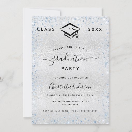Graduation silver light blue glitter sparkles invitation | Zazzle