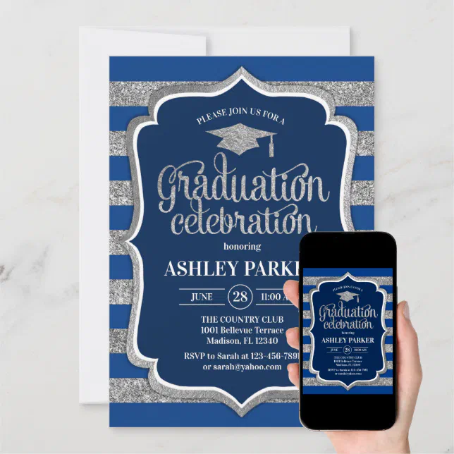 Graduation - Silver Navy Blue Stripes Invitation | Zazzle