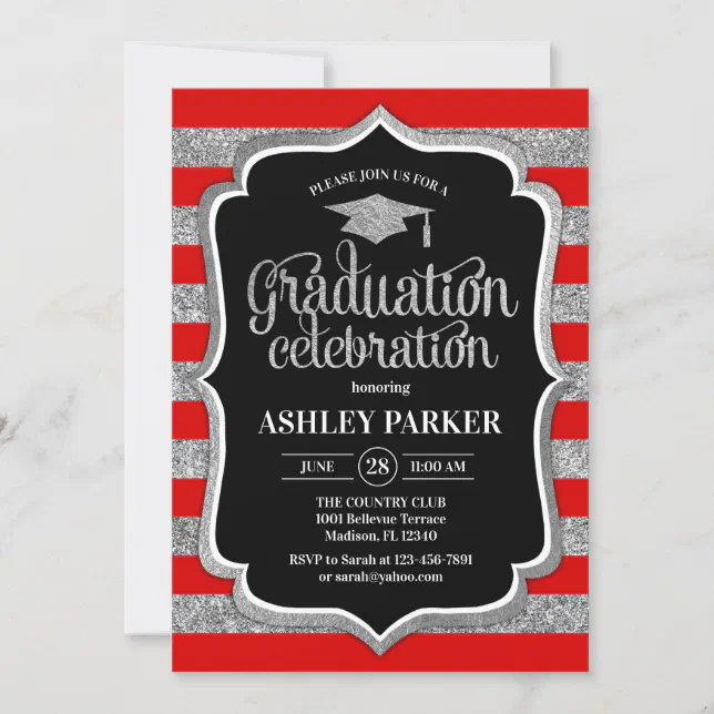 Graduation - Silver Red Black White Stripes Invitation | Zazzle