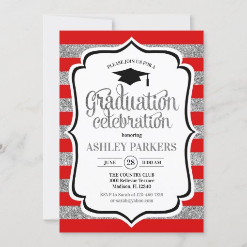 Graduation - Silver Red Stripes Invitation | Zazzle
