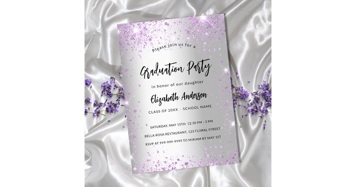 Graduation silver violet purple sparkles invitation | Zazzle