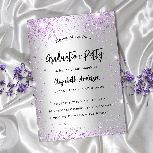 Graduation silver violet purple sparkles invitation | Zazzle