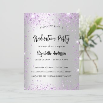 Graduation silver violet purple sparkles invitation | Zazzle