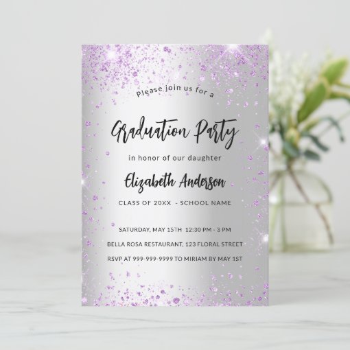 Graduation silver violet purple sparkles invitation | Zazzle