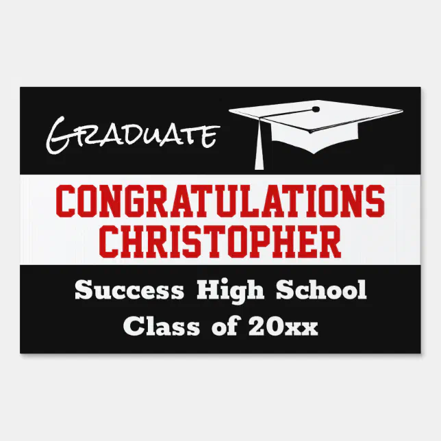 Graduation Simple Modern Grad Cap Black,Red White Sign | Zazzle