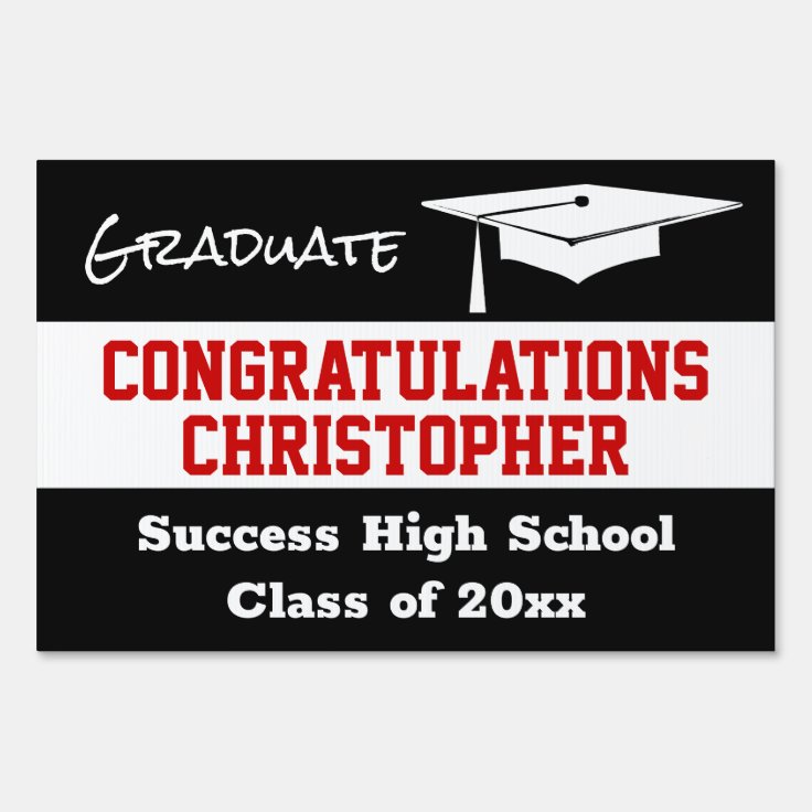 Graduation Simple Modern Grad Cap Black,Red White Sign | Zazzle