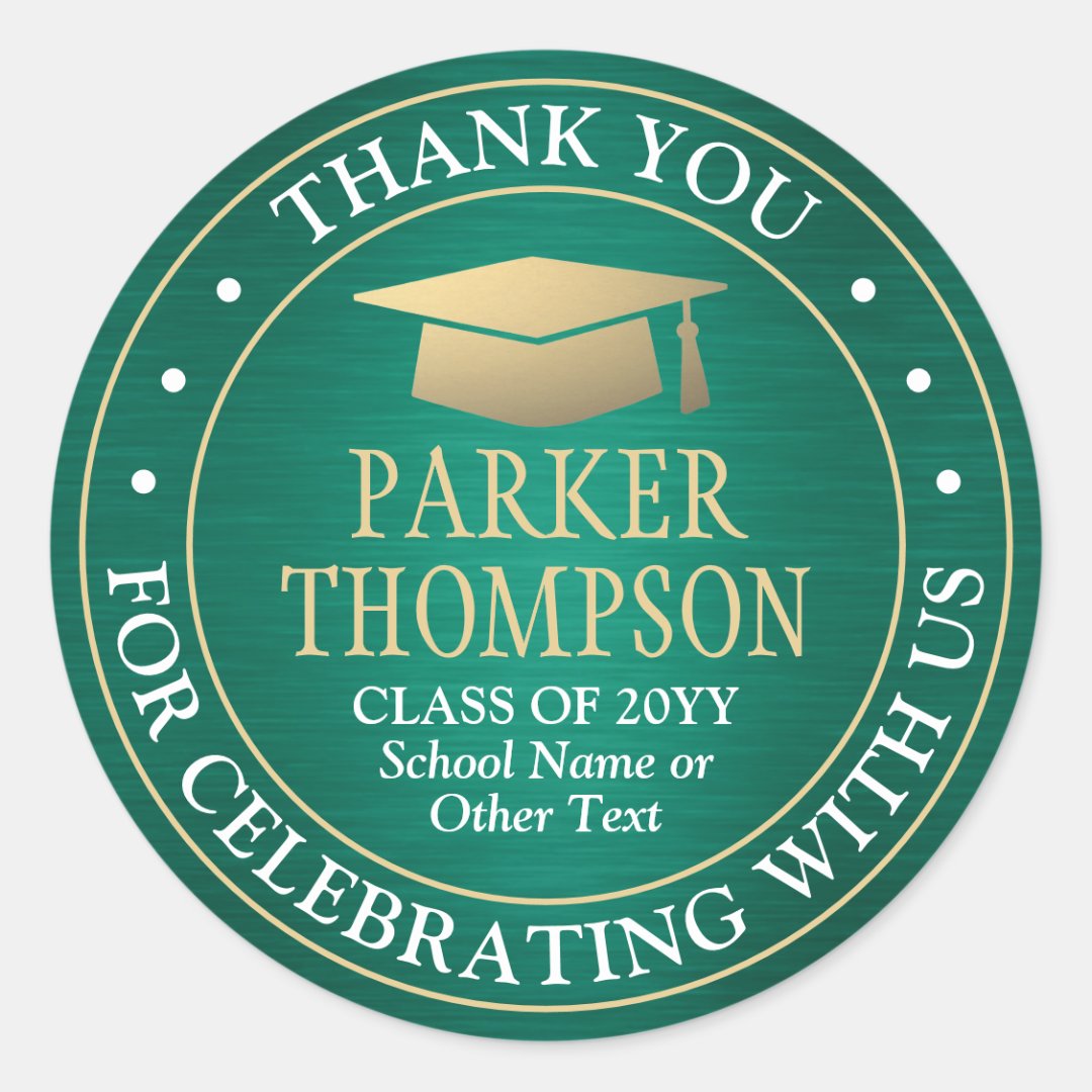 Graduation Thank You Brushed Green Gold and White Classic Round Sticker ...