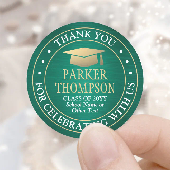 Graduation Thank You Brushed Green Gold and White Classic Round Sticker ...