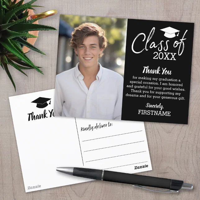 Graduation Thank You with Photo - Black Postcard | Zazzle