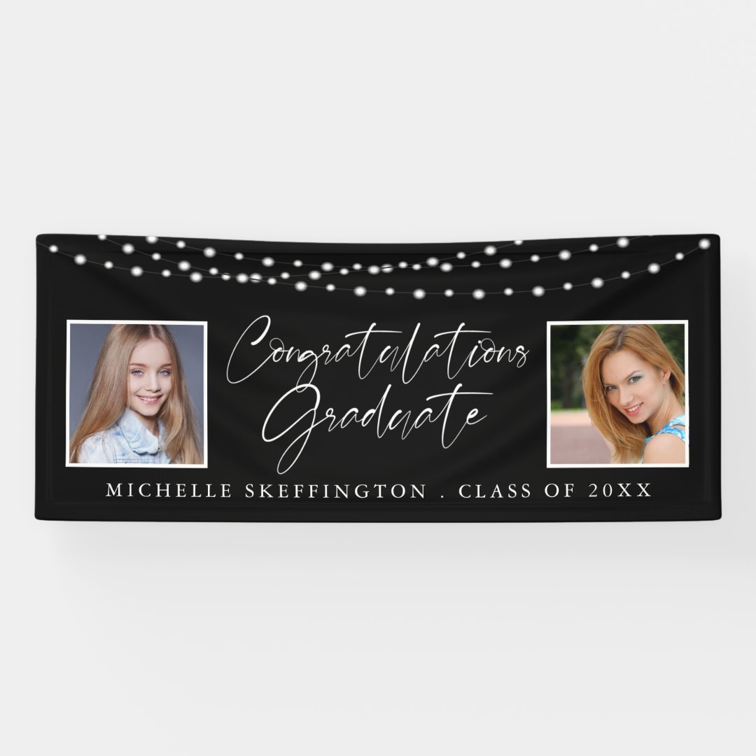 Graduation Then and Now Photos String Lights Black Banner | Zazzle