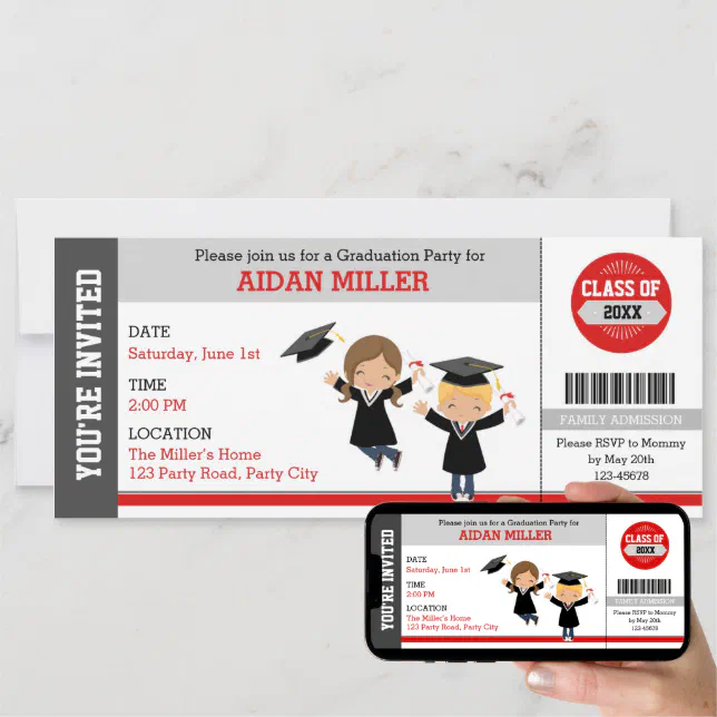 Graduation Ticket Invitations (Cute Boy Girl) | Zazzle