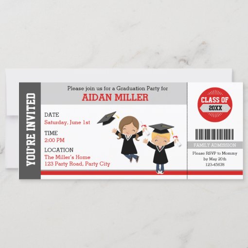 Graduation Ticket Invitations (Cute Boy Girl) | Zazzle