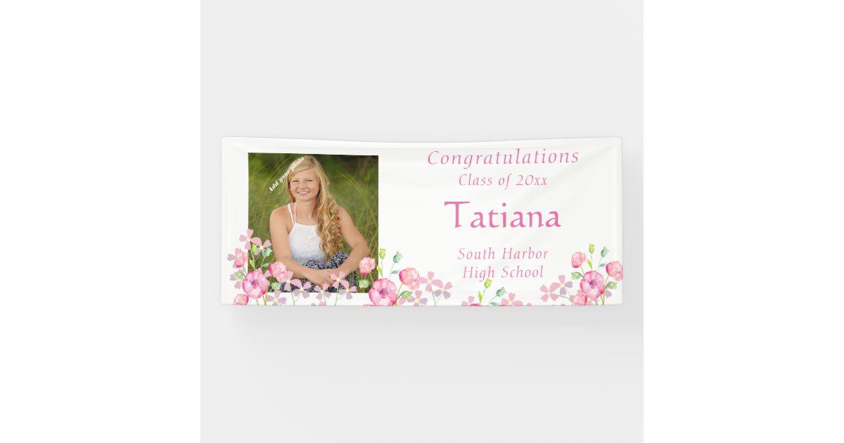 Graduation, Watercolor, Pink Flower, Custom Photo Banner | Zazzle