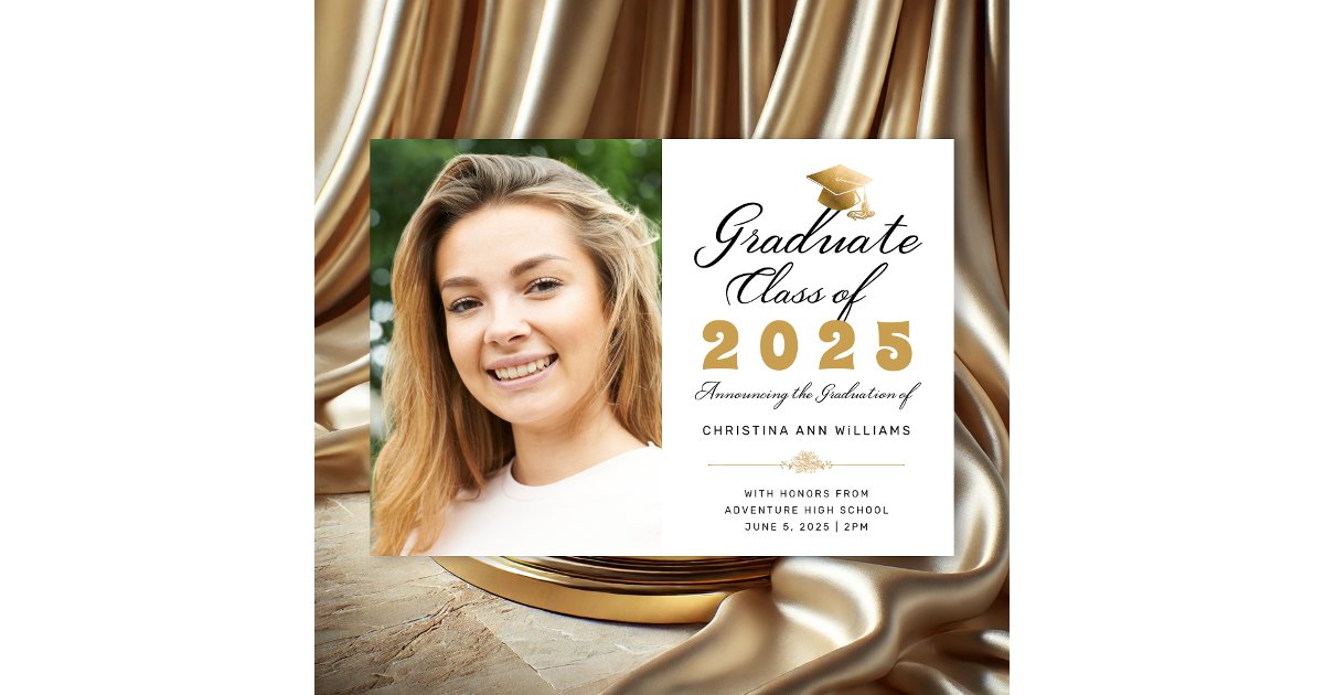 Graduation White Gold Script Class of 2025 Photo Announcement | Zazzle