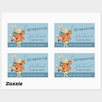 Graduation White Rabbit blows trumpet CC1138 Rectangular Sticker | Zazzle