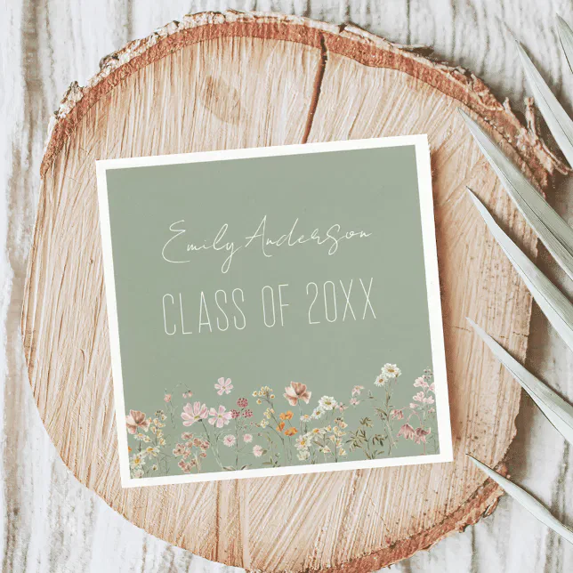 Graduation Wildflower Sage Green Boho Chic Napkins | Zazzle