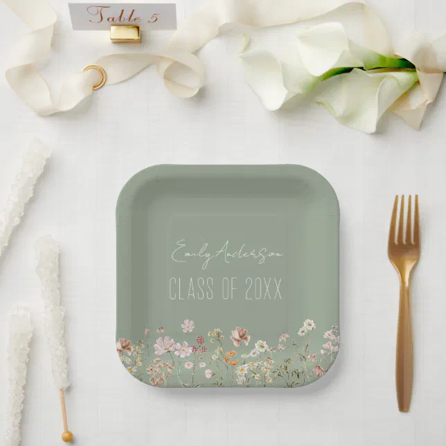 Graduation Wildflower Sage Green Grad Modern Paper Plates | Zazzle