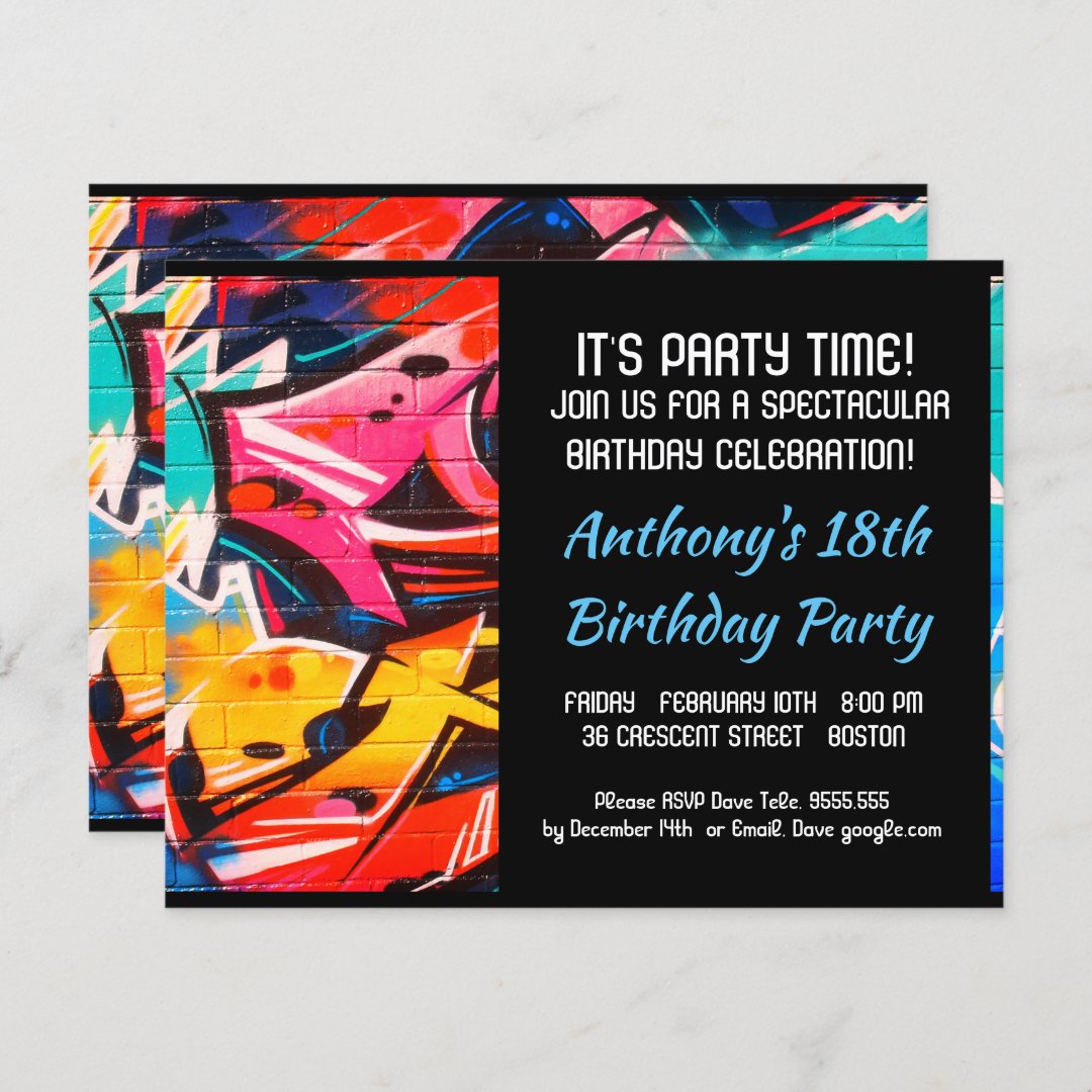 Graffiti Abstract Blue Letters Birthday Invitation | Zazzle