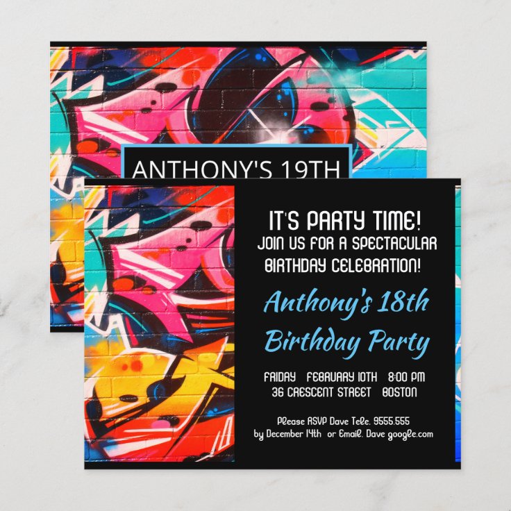 Graffiti Abstract Blue Letters Birthday Invitation | Zazzle
