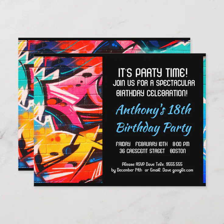 Graffiti Abstract Blue Letters Birthday Invitation | Zazzle